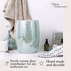 WHOLE HOUSEWARES Mosaic Wastebasket - Glass Decoration Bathroom Trash Can - Shiny Finish Bathroom Accessory - 7.5" x 10" - Turquoise