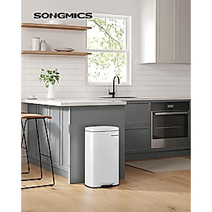 SONGMICS 8-Gallon Trash Can, Stainless Steel, with Hinged Lid, Plastic Inner Bucket, Soft Closure, Odor Proof, Hygienic, White
