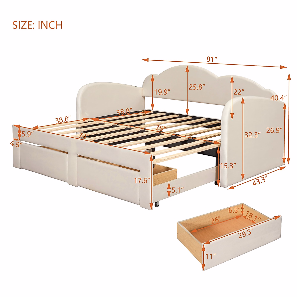 Twin Size Daybed with Storage Drawers, Extending Upholstered Sofa Bed with Trundle, Twin to King Design Sleeper Sofa with Cloud-Shaped Backrest for Living Room Apartment, Beige