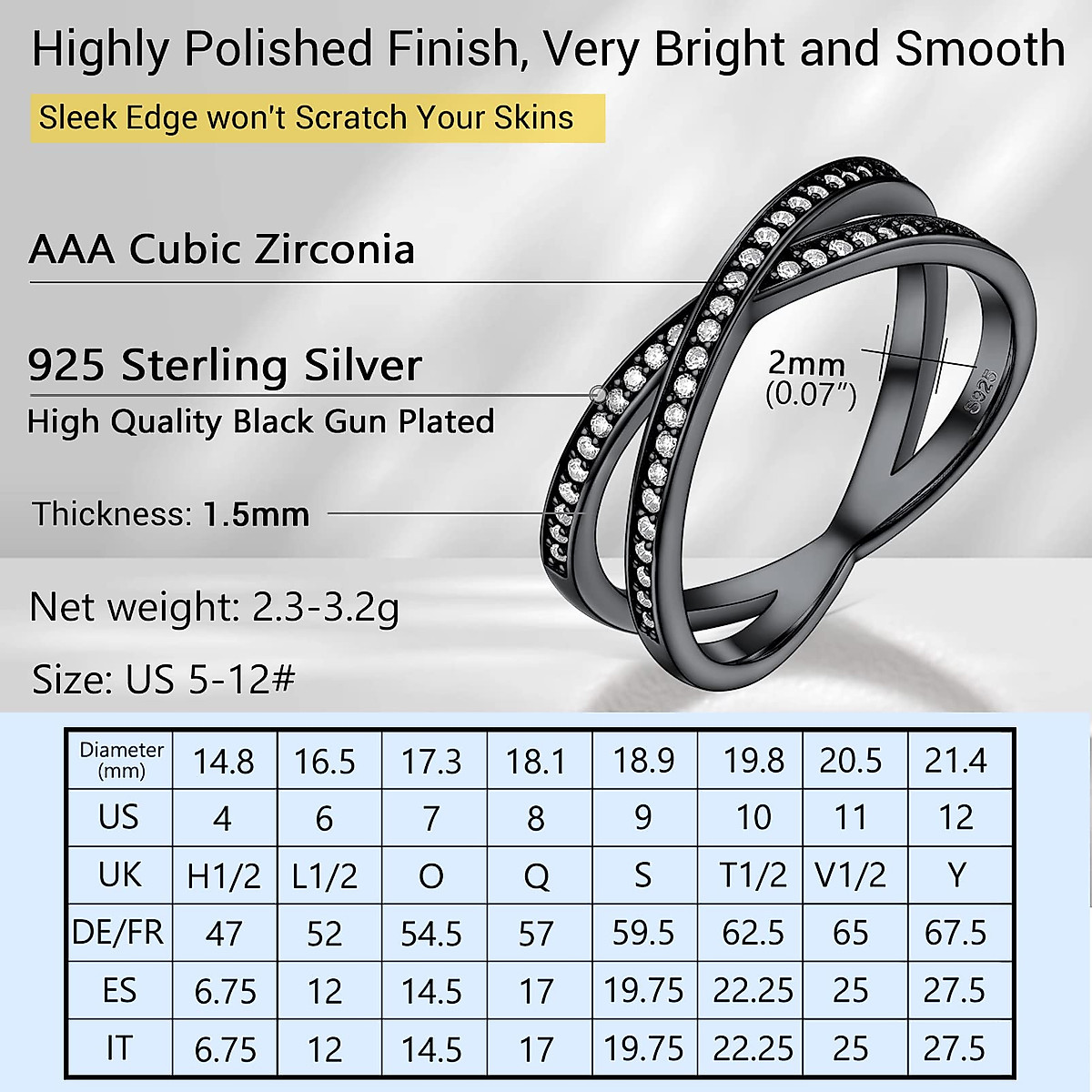 PROSILVER Cubic Zirconia Ring For Women X Cross Sterling Silver Black Engagement Rings Size 8