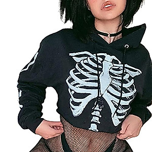 Chloefairy Women's Skeleton Print Crop Top Gothic Punk Hoodies Bandage Casual Pullover Long Sleeve Relaxed Fit Sweatshirts (Black, Small)
