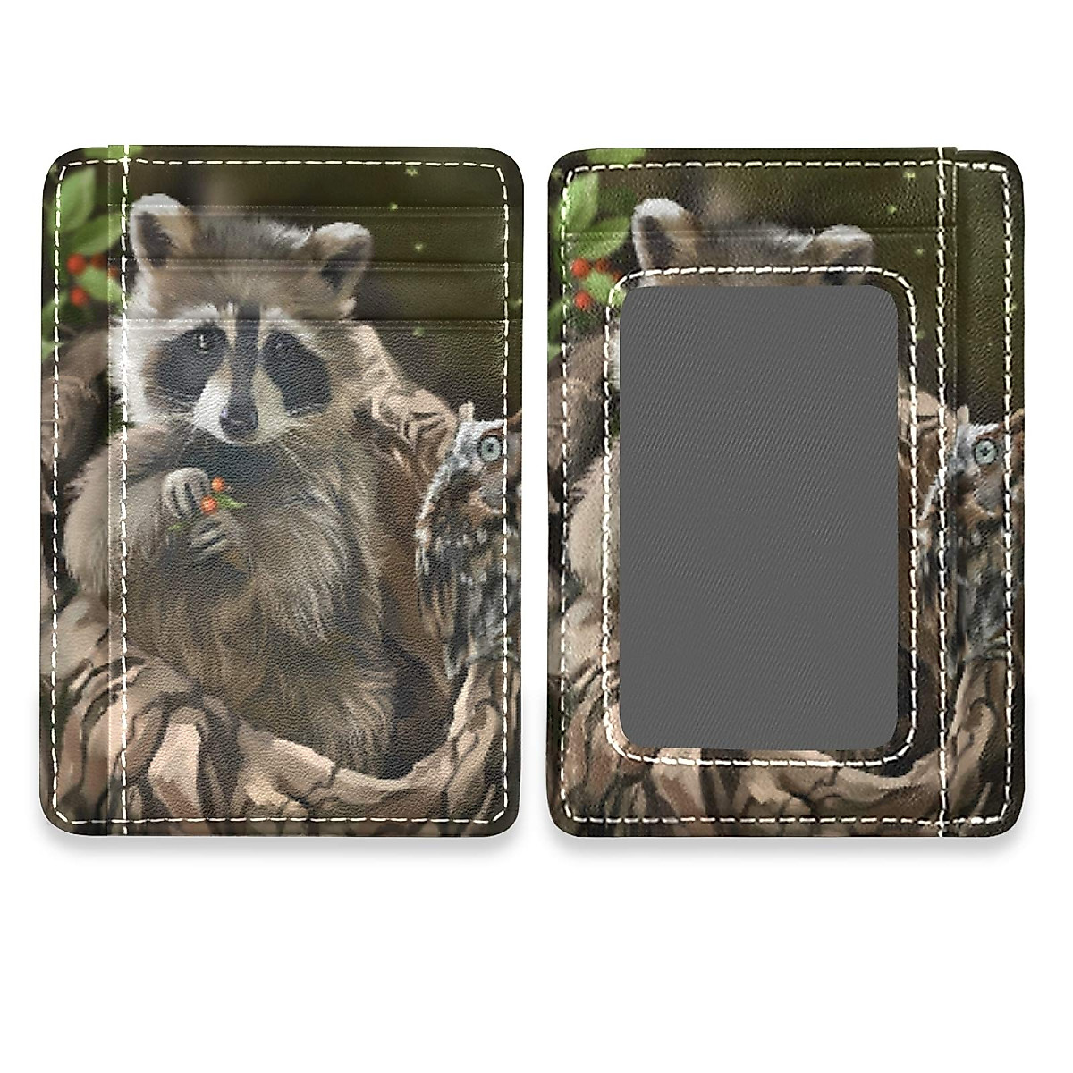 Linomo Thin leather Card Holder and Money Clip Cute Animal Raccoon Wallet RFID Blocking for Men & Women