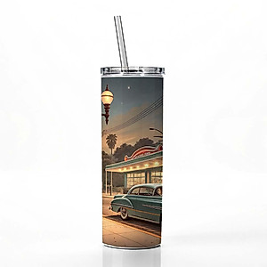 Retro Americana1950's Main Street Diner Skinny Tumbler 20oz with Straw Insulated Water Bottle Gift