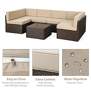 AECOJOY 7 Piece Outdoor Patio Furniture Set, Outdoor Sectional Conversation Furniture Chair with Coffee Table,Patio Sectional for Garden,Backyard(Khaki Cushions and Brown PE Rattan)