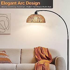 Rattan Floor Lamp- Arc Floor Lamp Boho with Remote and Stepless Dimmable Bulb, 70" Black Arched Standing Floor Lamp with 360° Adjustable Rattan Lampshade, Farmhouse Over Couch Lamp for Living Room