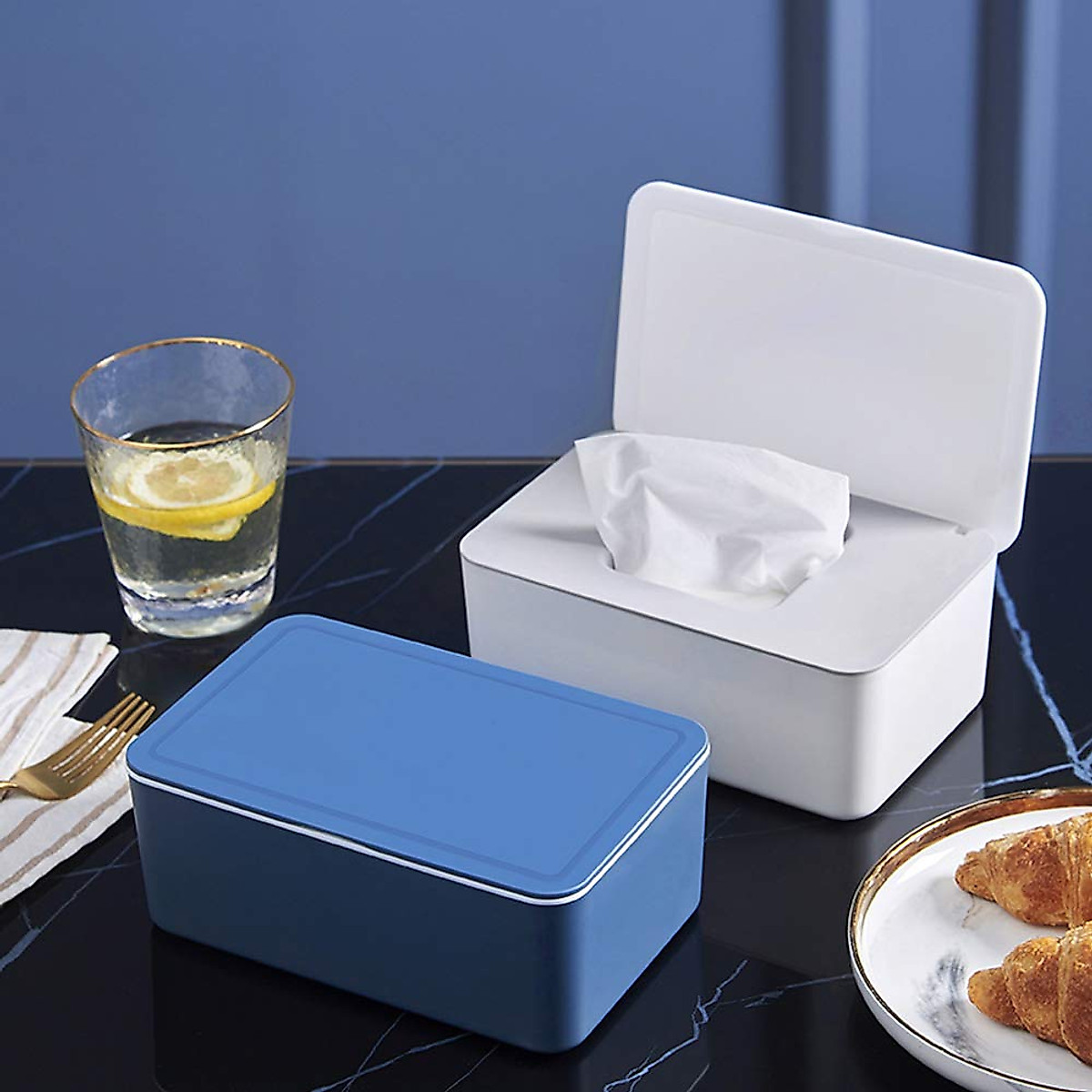 Brianer Wet Wipes Dispenser, Dry Wet Tissue Paper Case Dustproof Tissue Storage Box Case, Dispenser Holder with Lid for Home Office Desk (Blue White)