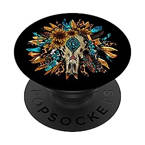 Western Boho Sunflowers Turquoise Cow Bull Skull Fun PopSockets Swappable PopGrip