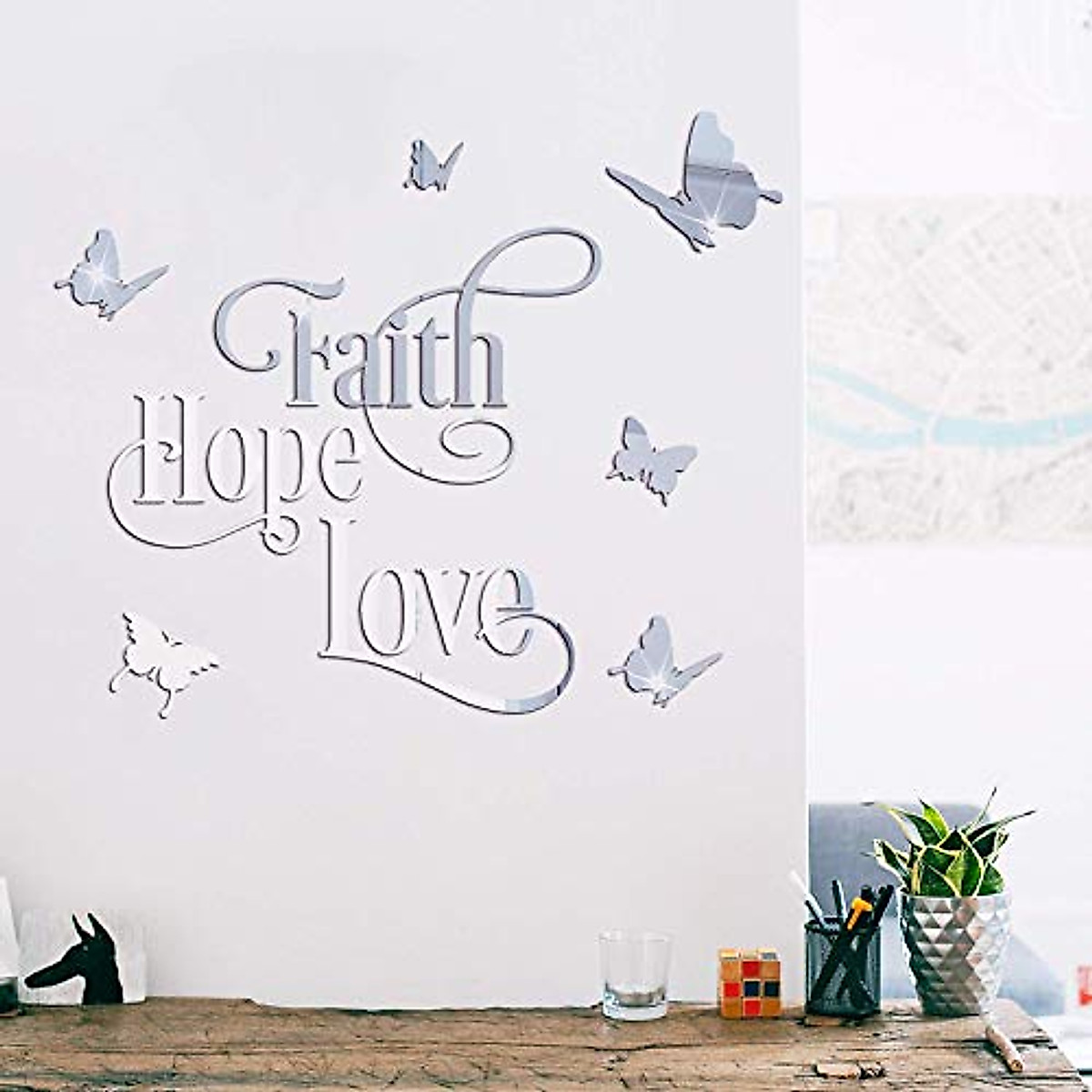 Faith Hope Love 3D Acrylic Mirror Wall Stickers, HOLENGS 3D Butterfly Mirror Surface Peel and Stick Removable Motivational Letter Wall Decals, Crystal DIY Wall Decor for Home Living Room Bedroom