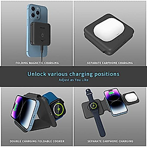 PEAPOLET Wireless Charger 3 in 1,Wireless Foldable Charging Station,Magnetic Fast Wireless Charging Pad Compatible with iPhone 15/14/13/12 Pro Max,Apple Watch,AirPods,Adapters not Included (Black)