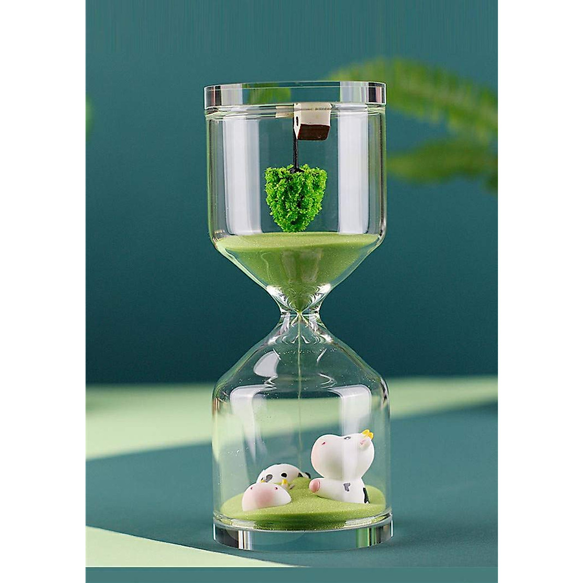 Falytemow 30 Minutes Hourglass Green Farm Sand Timer Cute Cow Desktop Decoration for Kitchen School Teaching
