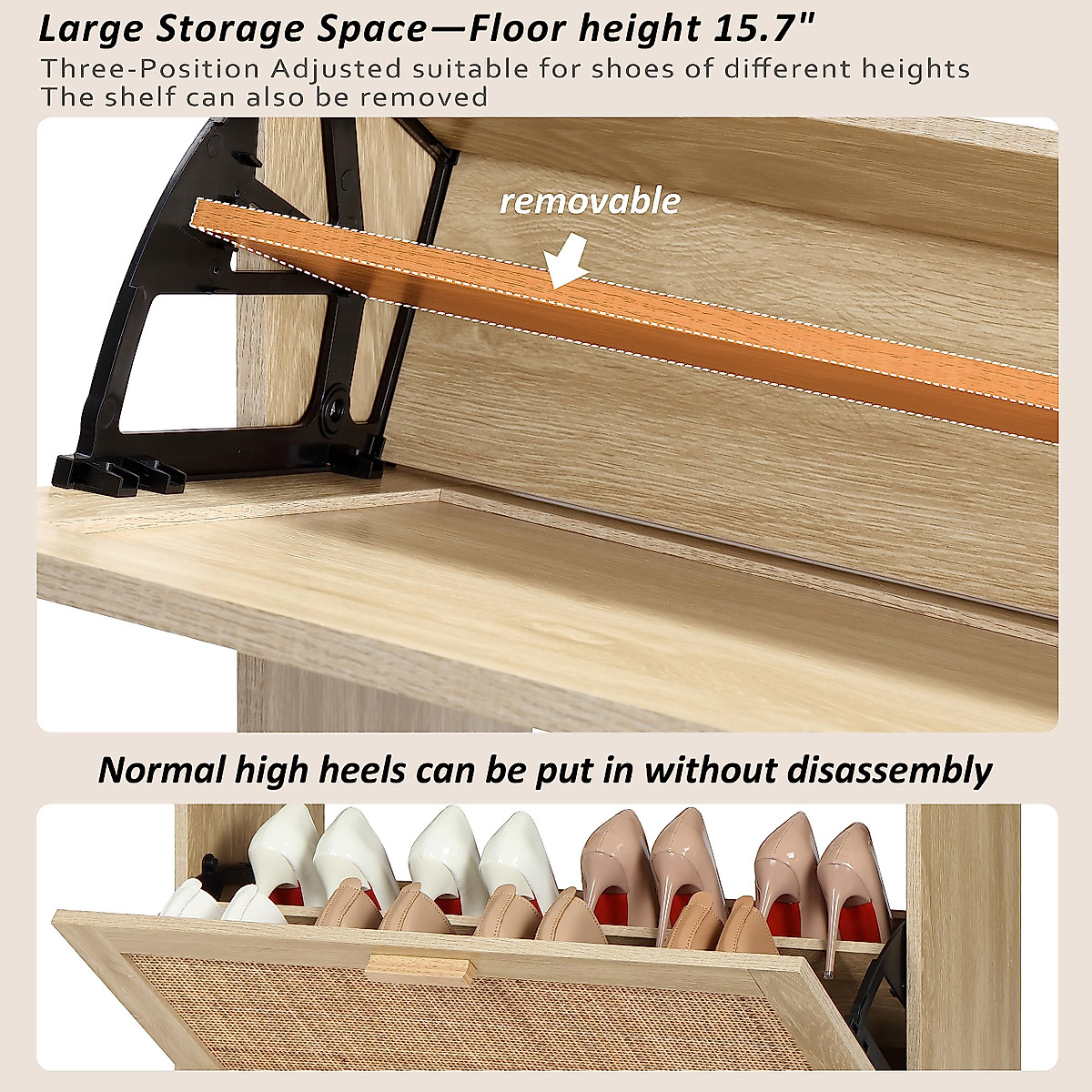 Finnhomy Extended Edition Shoe Cabinet with Natural Rattan Flip Drawers for Entryway, Free Standing 2 Tier Slim Shoe Organizer with Large Top Board, Shoe Cabinet with 3-gear Adjustable Width Drawers