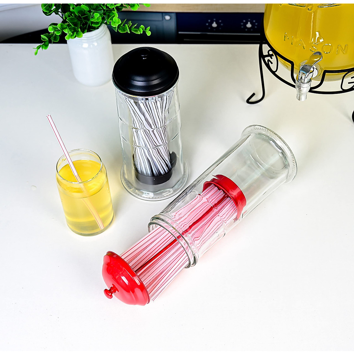 Straw Dispenser with Stainless Steel Lid | Glass Red Straw Holder for Counter with Lid | Drinking Straw Dispensers | Straw Container | Holds Straws up to 8.5 Inches, Red