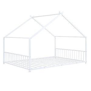 Kids Montessori Floor Bed Frame, Full Size House Bed Frame with Headband and Slats, Heavy Duty Metal Montessori Bed for Kids, Girls, Boys, White Floor Bed Full Size