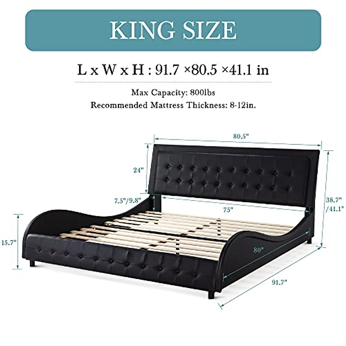 HOOMIC King Size Platform Bed Frame with Adjustable Headboard, Upholstered Bed, Mattress Foundation, Wood Slat Support, No Box Spring Needed, Easy Assembly, Black