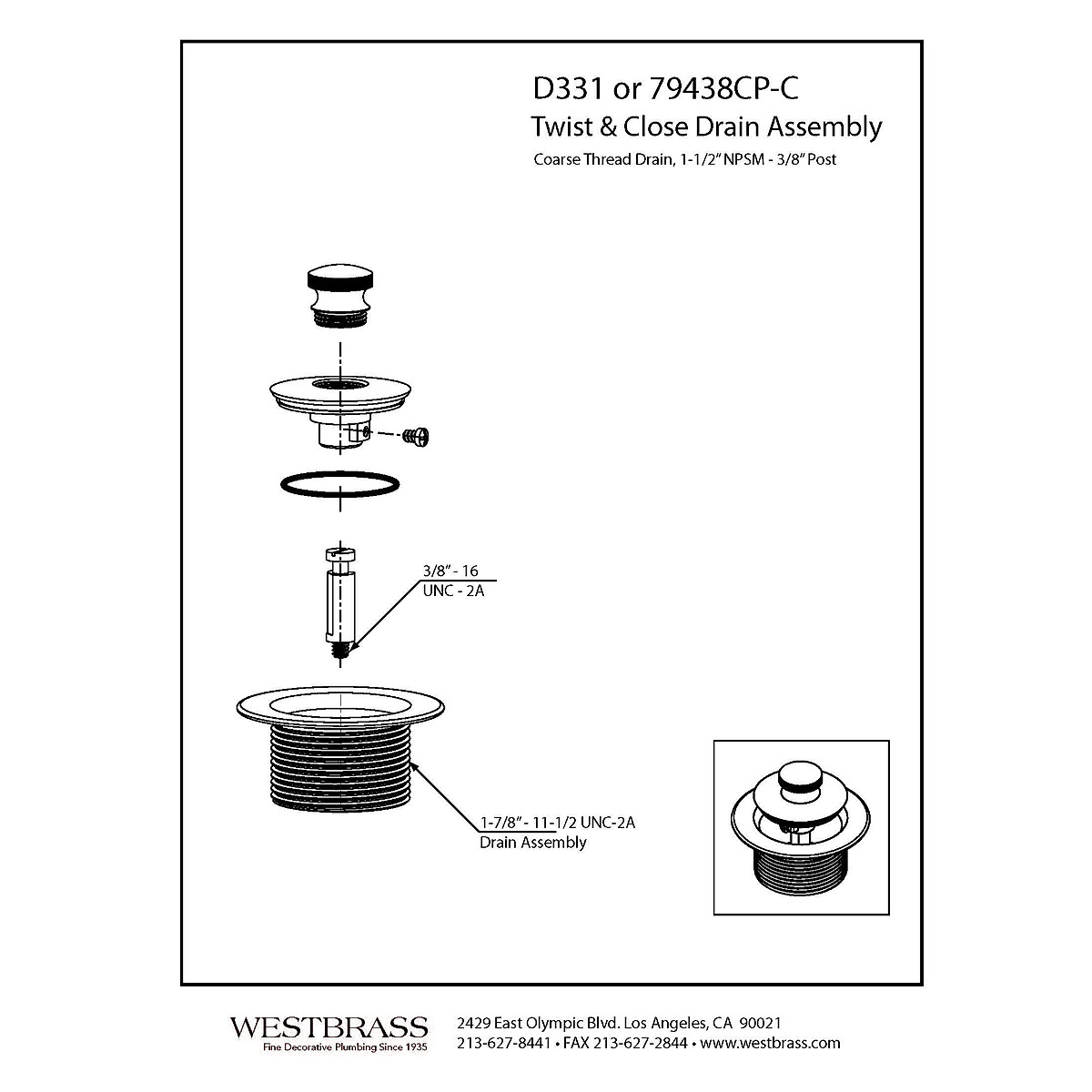Westbrass D331-07 1-1/2-Inch NPSM Coarse Thread Twist & Close Bath Drain, Satin Nickel