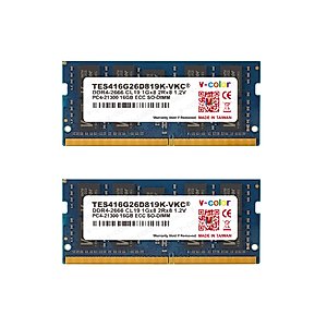 V-Color 32GB (2 x 16GB) ECC SO-DIMM DDR4 2666MHz (PC4-21300) for NAS Micro Server/Workstation/Compatible with Synology 21 Series 2Rx8 CL19 1.2V (TES416G26D819K-VKC)