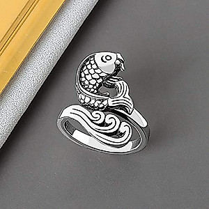 KOEDLN Vintage Koi Fish Ring Animal Thai Silver Opening Adjustable Ring for Women Jewelry