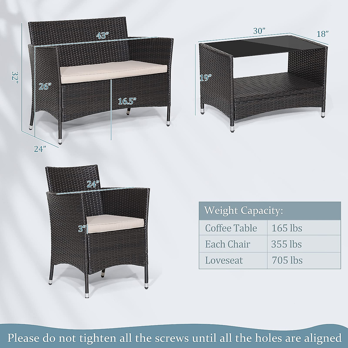 Tangkula 4 Pieces Patio Furniture Set, Patiojoy Outdoor PE Wicker Conversation Set with Soft Cushions and Tempered Glass Tabletop, Outdoor Garden Furniture Set with 2-Tier Coffee Table (Brown)