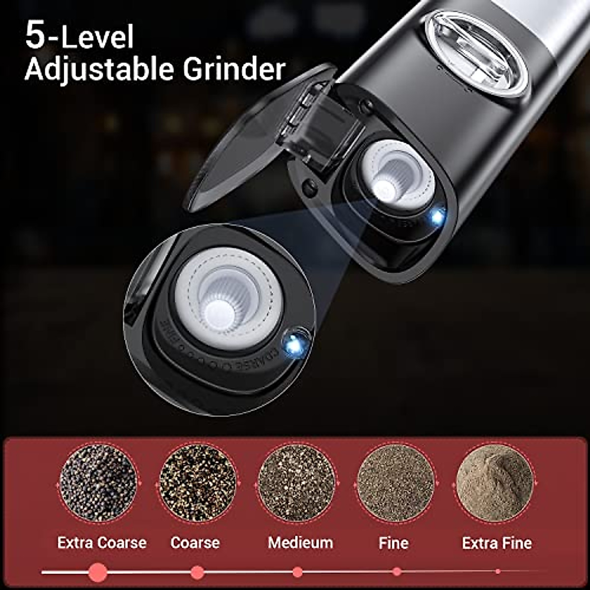 Gravity Electric Salt and Pepper Grinder Set, Rechargeable Salt and Pepper Grinder Set with Charging Base, Safe Switch, Automatic Pepper Grinder with Dustproof Cover, LED Light, Adjustable Coarseness