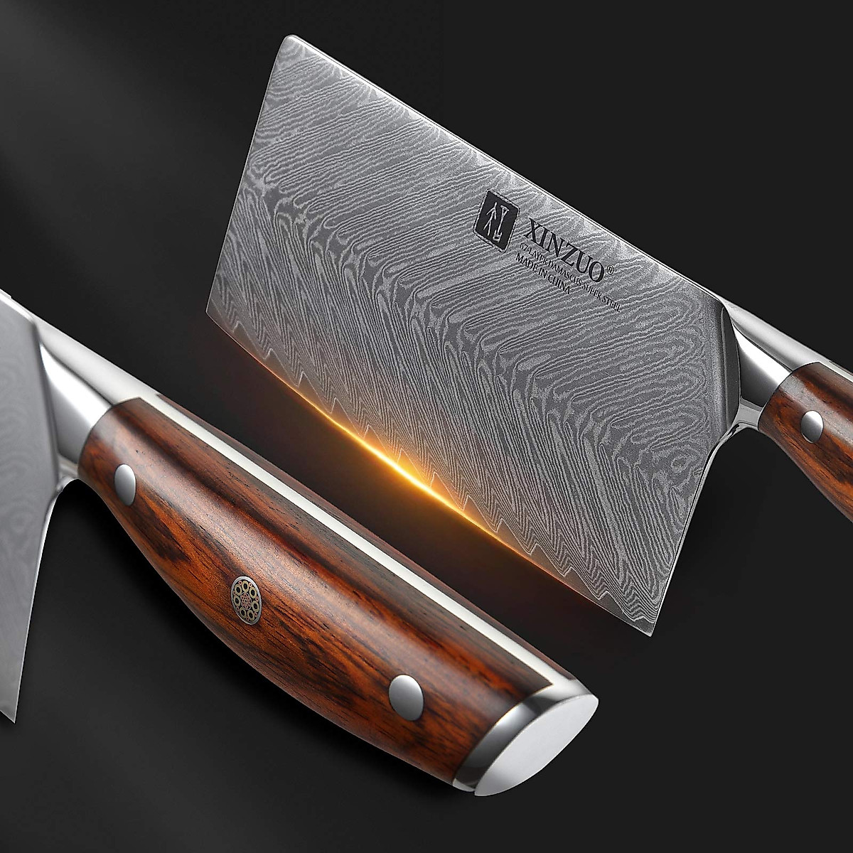 XINZUO Damascus Steel 7 Inch Cleaver Knife, Professional Butcher Knife Sharp Chinese Chef Knife Chopping Knife Kitchen Knife Vegetable, Ergonomic Rosewood Handle-Yi Series