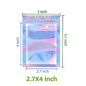 100Pcs Mylar Holographic Bags Smell Proof, Reusable Bags Resealable Odor Proof Bags for Food,Jewelry,Lipgloss,Eyelash,Packaging Small Business Bags(Usable Size: 2.7x4 inch)