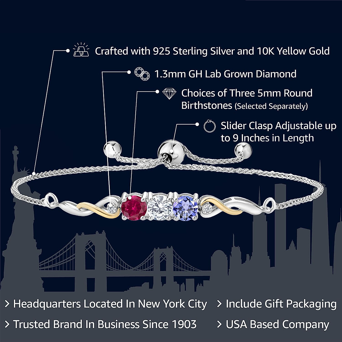 Gem Stone King 925 Sterling Silver and 10K Yellow Gold Customized and Personalized 3 Gemstone Birthstones and White Lab Grown Diamond Tennis Bracelet For Women Adjustable up to 9 Inches