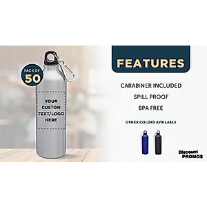 DISCOUNT PROMOS Custom Aluminum Water Bottles with Carabiner 24 oz. Set of 50, Personalized Bulk Pack - Perfect for Gym, Hiking, Camping, Running, Mountain Bike, Outdoor Sports - Silver