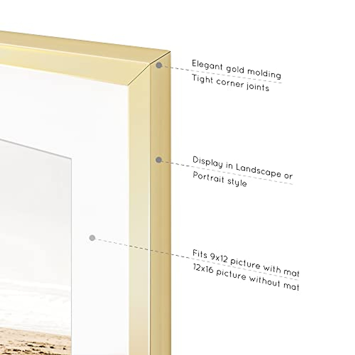 Homeforia - 12x16 inch Metal Picture Frame - 12 x 16 Aluminum Photo Frames - 12x9 Mat - Tempered Glass - Wall Hook Included - Set of 1 - Gold