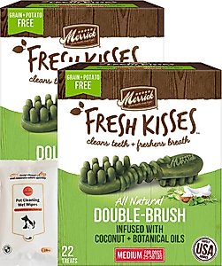 Aurora Pet Bundle Pack (2) Merrick Fresh Kisses Double-Brush Coconut + Botanical Oils Infused Medium Dental Dog Treats Grooming Wipes