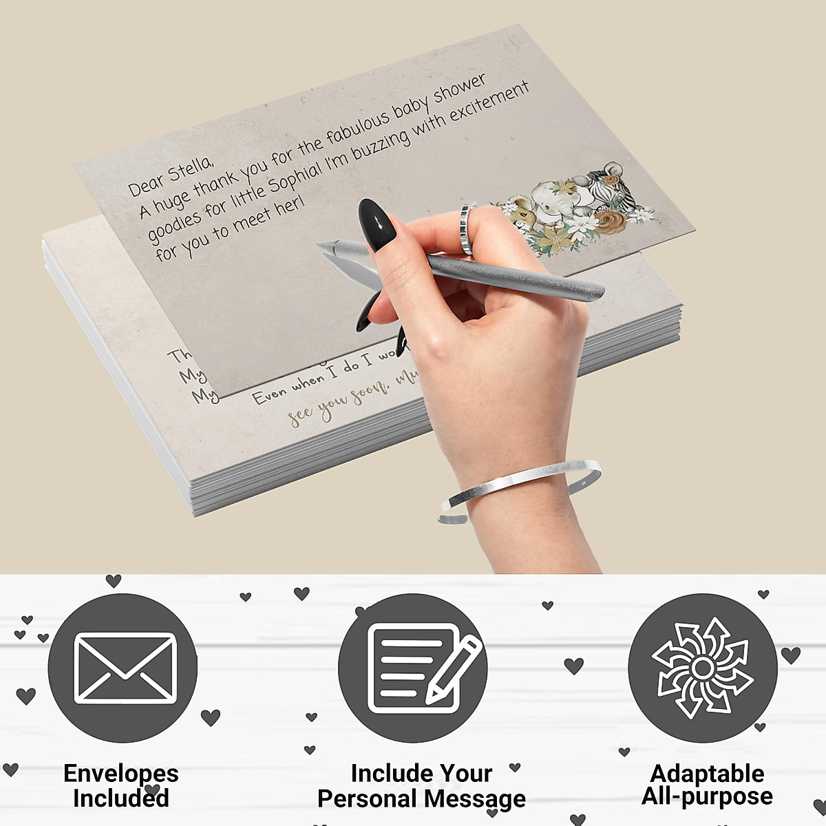 Paper Clever Party Flora Safari Baby Shower Thank You Cards with Envelopes - 25 Pack - 4x6 Blank Notes with Prefilled Message from Baby Girl - Greenery Jungle Design