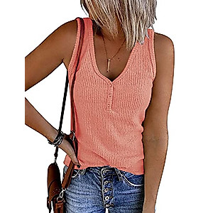 MEROKEETY Womens V Neck Tank Tops Summer Sleeveless Ribbed Button Casual Henley Shirts Salmon