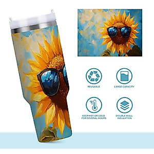 Jihqo Funny Sunflower in Sunglasses 40 oz Stainless Steel Vacuum Insulated Tumbler with Handle and Straw Lid, Leakproof Water Bottle Double Wall Travel Mug Coffee Cup, Cupholder Friendly