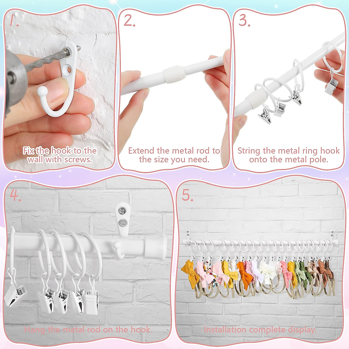 Ferraycle Wall Hanging Bow Holder with Hooks Hair Bow Holder Organizer for Girls Hanger Headband Storage Organizer Include Metal Bow Hanger 16-23.6 Inch Rods Wall Hooks(White,46 Pcs)