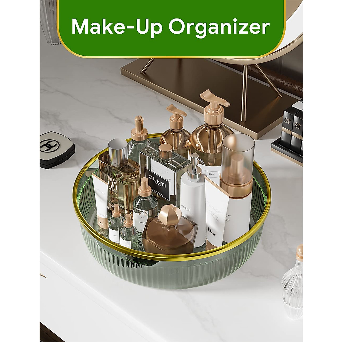 11.8 Inch Lazy Susan Organizer for Cabinet with 7 Removable Bins, 360° Turnable Clear Spice Rack Organizer for Cabinet, Decorative Trays for Pantry, Cupboard, Makeup, Kitchen, Bathroom - Dark Green