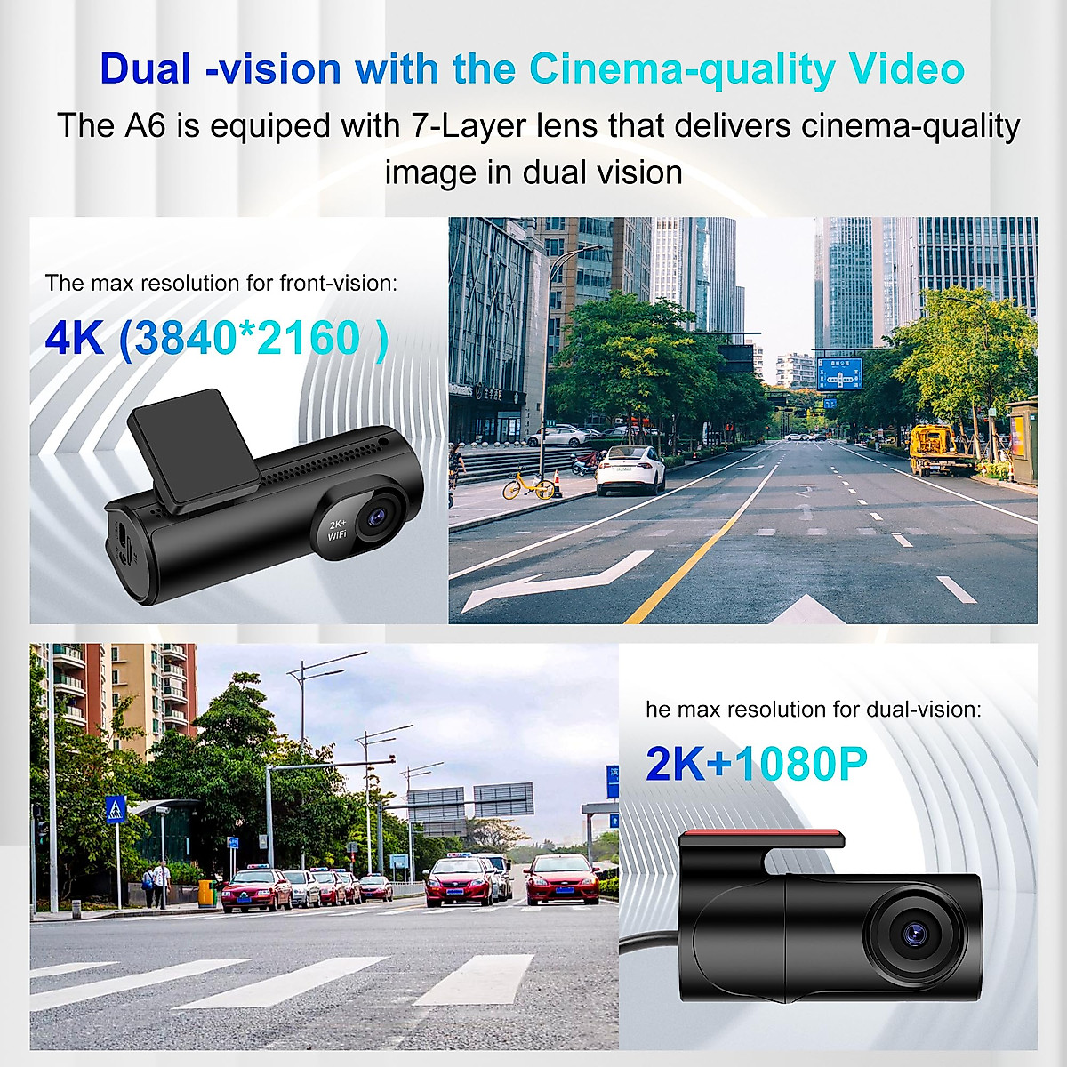 Dash Cam with 4K Front and Inside 1080P Recording, Wireless Dual Car Camera with Night Vision and 24/7 Parking Mode - Perfect for Uber and Baby Car Monitoring (64GB Micro SD Card Supplied)