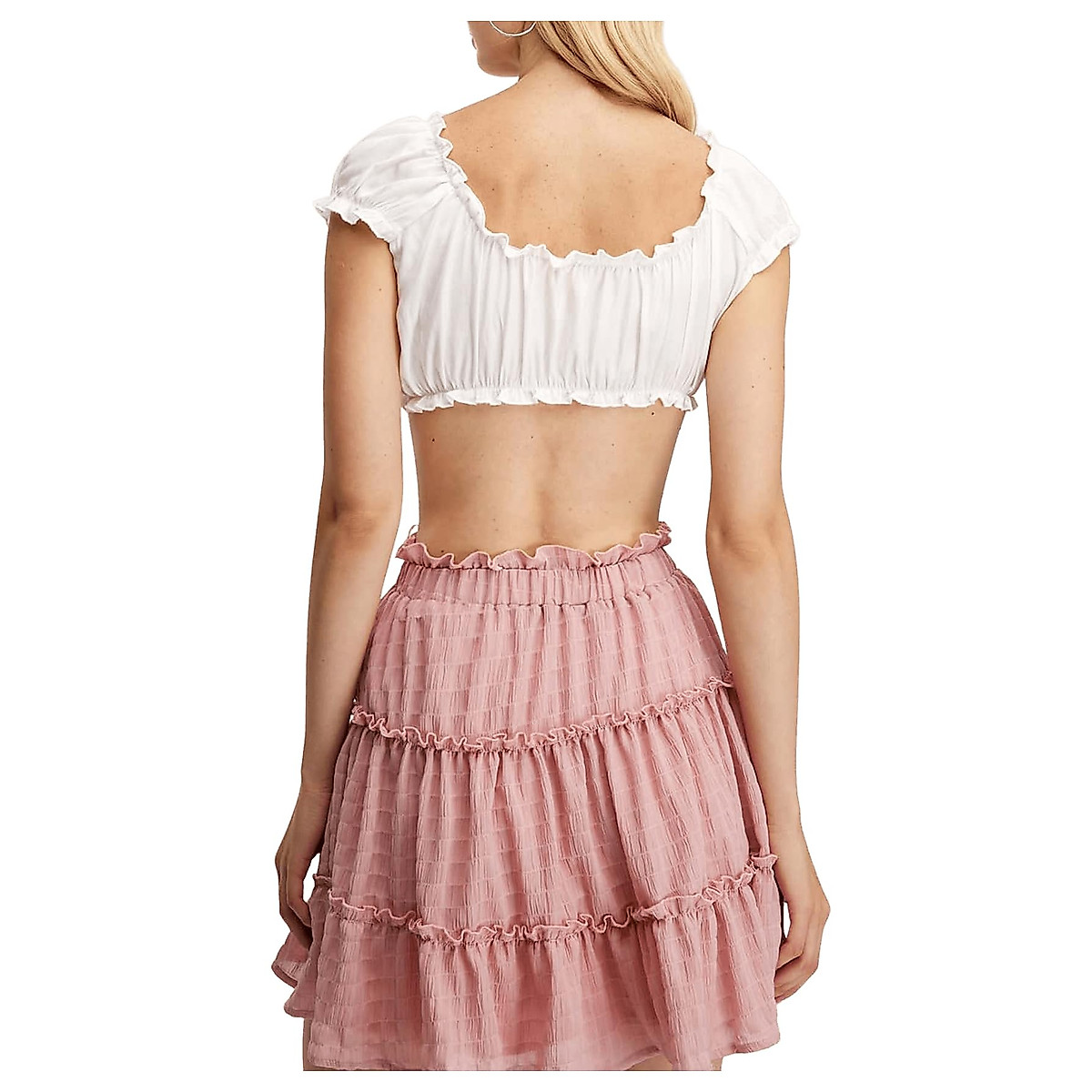 SweatyRocks Women's Sexy Tie Front Crop Top Deep V Neck Puff Short Sleeve Casual Blouse Shirt White Solid XS