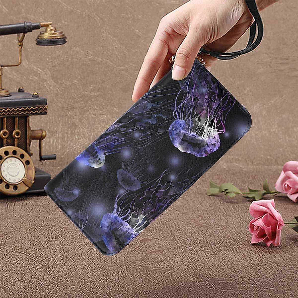 InterestPrint Women's Magical Space Jellyfish Under Water with Lights Cosmos Credit Card Wallet Clutch Purse, Huge Storage Capacity