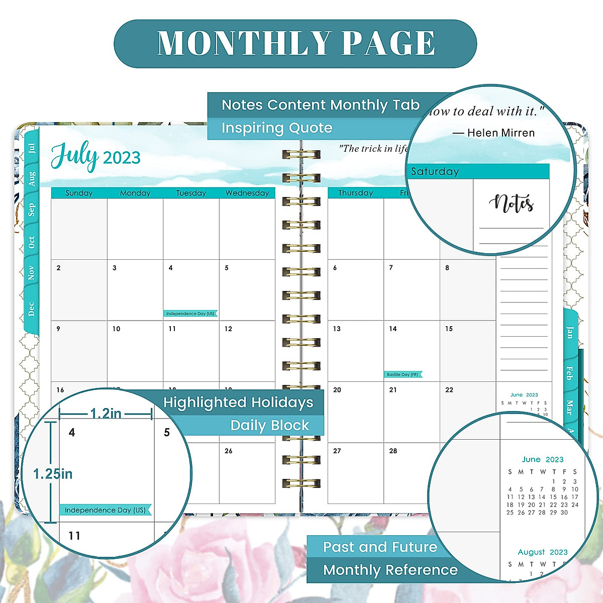 2023 Planner - Planner/Calendar 2023, Jan.2023 - Dec.2023, 2023 Planner Weekly & Monthly with Tabs, 6.4" x 8.5", Hardcover + Back Pocket + Twin-Wire Binding, Daily Organizer - Flower