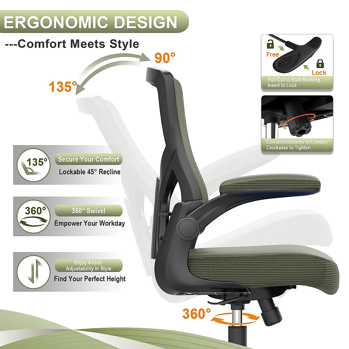 CYKOV Office Chair, High Back Desk Chair Adjustable Height and Ergonomic Design Home Office Computer Chair Executive Lumbar Support Padded Flip-up Armrest Swivel Task Chair