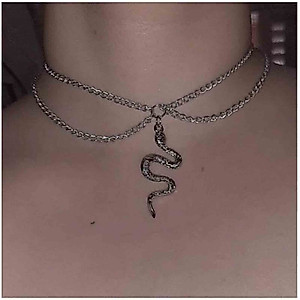 Yheakne Punk Snake Pendant Necklace Choker Silver Layered Serpent Necklace Chain Gothic Snake Necklace Retro Snake Collar Necklace Jewelry for Women
