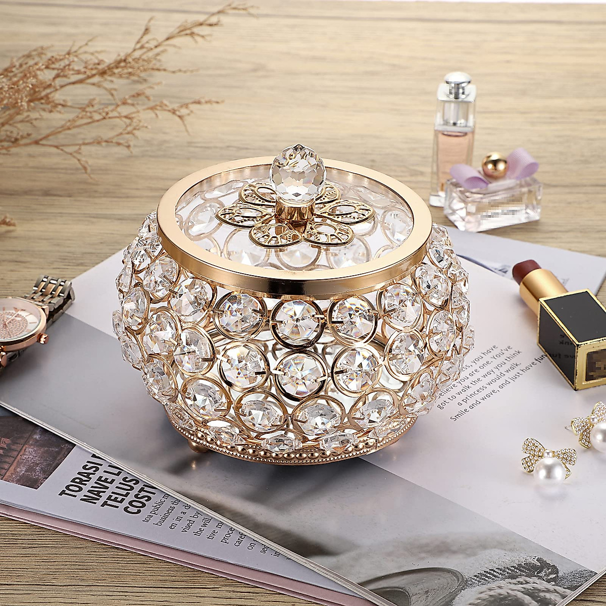 Hipiwe Crystal Jewelry Trinket Box with Glass Lid Gold Mirrored Treasure Box Decorative Jewelry Box Ring Earrings Necklace Storage Keepsake Box Gift for Women Girls