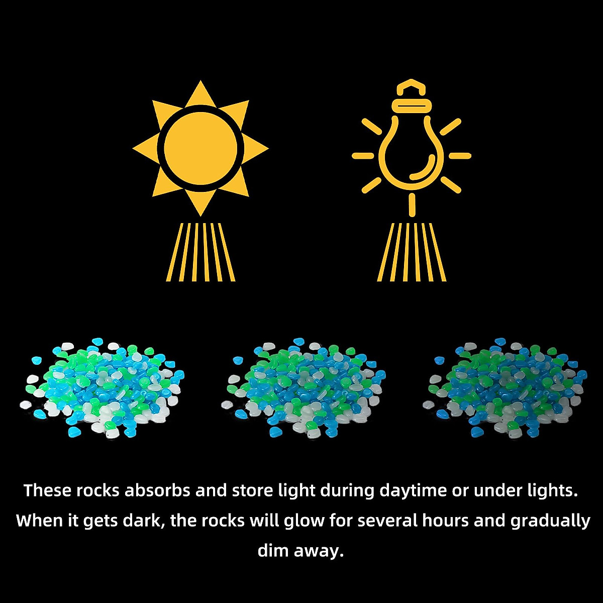 200 Pack Glow in The Dark Pebbles Stones, 100 Glow Blue / 50 Green / 50 White, Fish Tank Rocks Decoration for Garden, Aquarium, Plant Pots, Bonsai Walkway, Driveway (Set of 200)