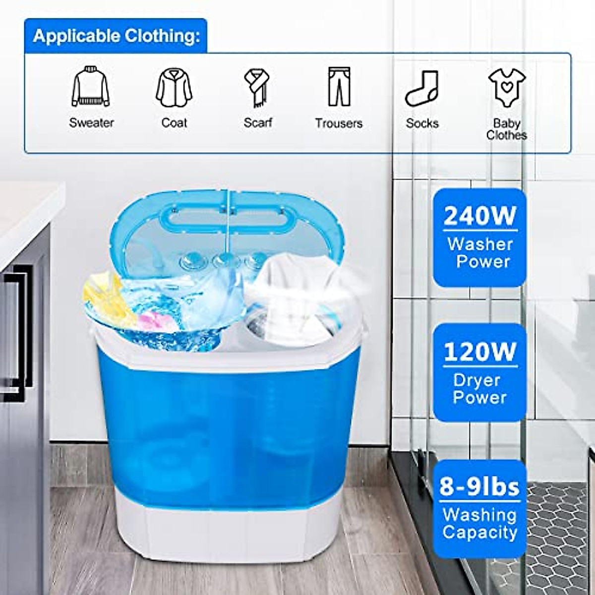 ZenStyle Portable Washer Compact Twin Tub 9.9 LB Mini Top Load Washing Machine Washer/Spinner w/ 6.57 FT Inlet Hose
