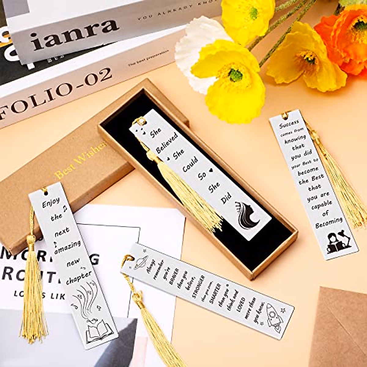 Tallew 4 Pcs Metal Bookmarks Inspirational for Book Lovers Christmas Gifts Graduation Teacher Appreciation Bookmark Thank You Page Marker Teachers Women Birthday(Sweet), Silver