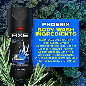 AXE Body Wash Phoenix 12h Refreshing Scent Crushed Mint & Rosemary 4 count Men's Body Wash with 100% Plant-Based Moisturizers 16 oz