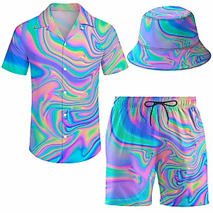 Wdpsuxin Men's 2 Piece Tracksuit Psychedelic Trippy Hawaiian Shirt Shorts Button Down Shirt and Shorts Sets with Bucket Hats Medium