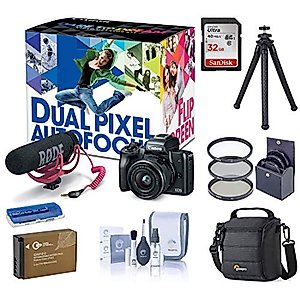 Canon EOS M50 Mirrorless Camera Video Creator Kit w/EF-M 15-45mm Lens, Black Basic Bundle with Rode Mic, Tripod, Battery and Accessories