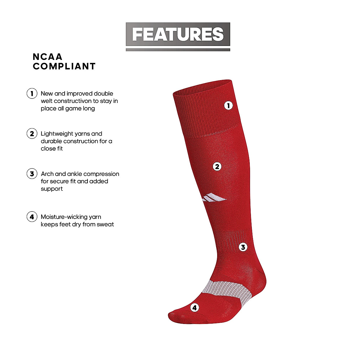 adidas Metro Soccer (1 Pair) Long Over The Calf Team Sports Socks, Power Red/Clear Grey/White/6, Medium