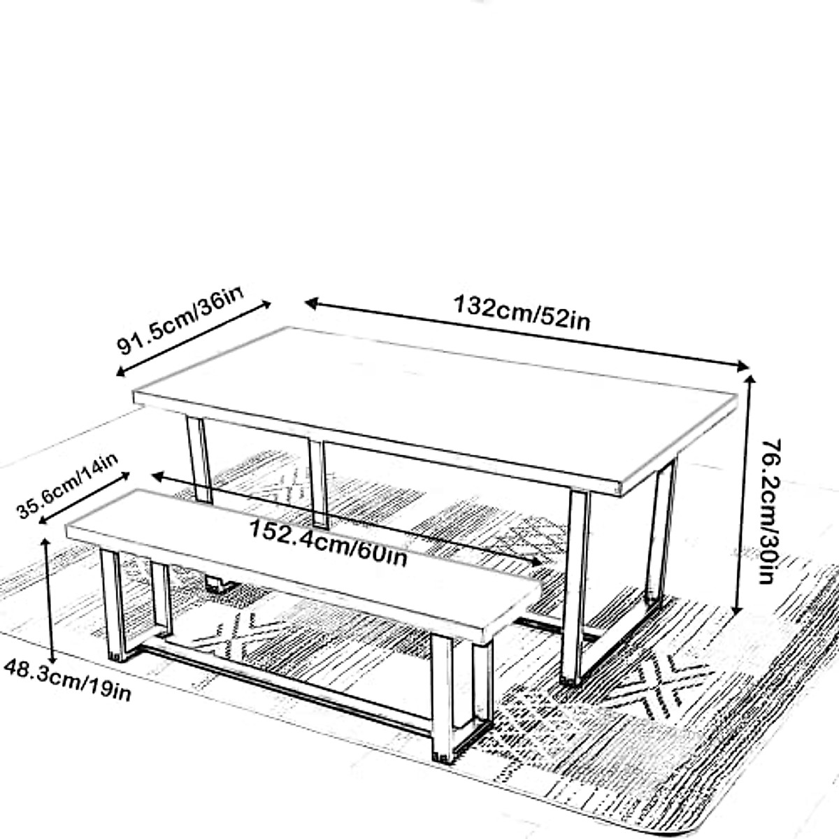 52" Solid Wood Dining Table for 6-8 Person, Sturdy Breakfast Table with Metal Frame, Modern Farmhouse Kitchen Table for Living/Dining Room,Office Desk, Vintage Brown.