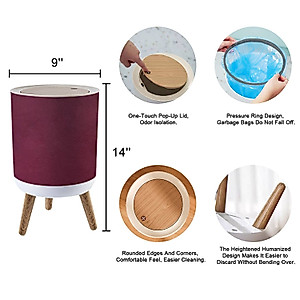 CAKOJV188 Round Trash Can with Press Lid Real Leather Color Burgundy Texture Made from Cow Skin Small Garbage Can Trash Bin Dog-Proof Trash Can Wooden Legs Waste Bin Wastebasket 7L/1.8 Gallon